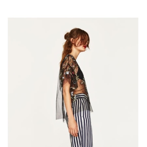 Zara | Tops | Zara Black Floral Embroidered Tulle Sheer Top | Poshmark